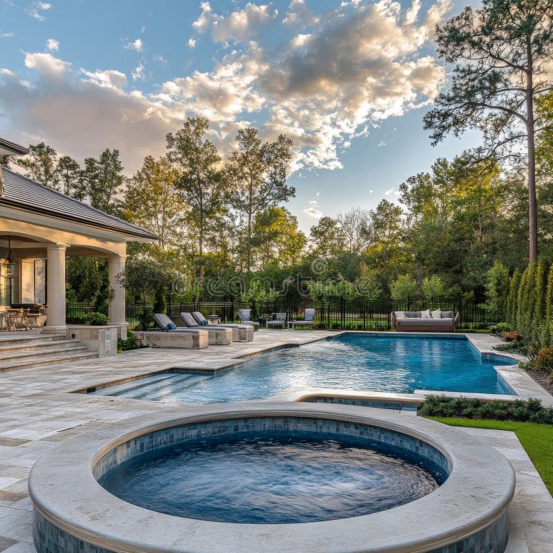 Luxurious Backyard Oasis with Pool Spa and Patio Surrounded by Trees ...
