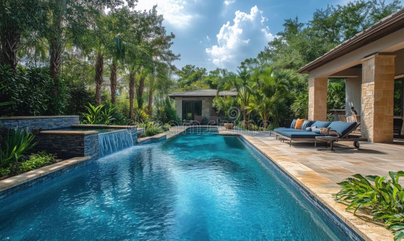 Luxurious Backyard Oasis with Swimming Pool, Waterfall, and Tropical ...