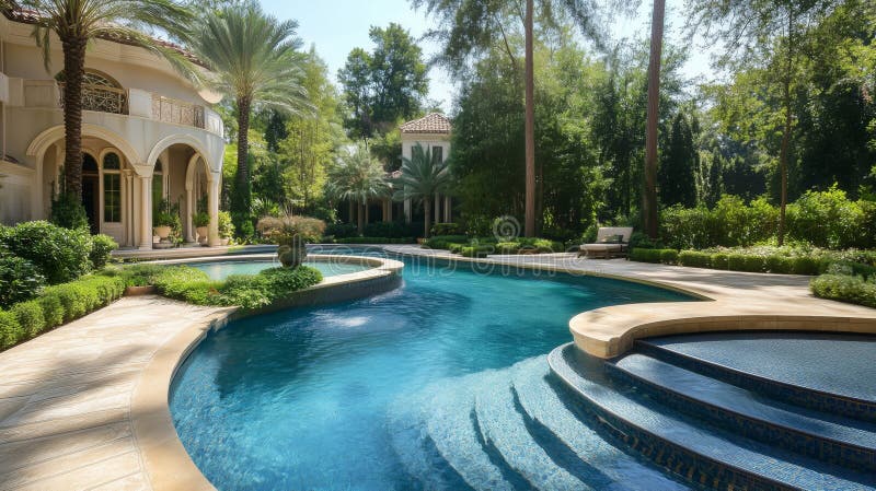 Luxurious Backyard Pool with Curved Deck and Lush Tropical Landscaping ...