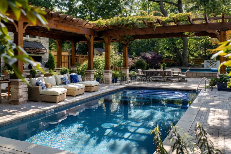 Luxurious Backyard with Pool and Lounge Area Under Pergola. Stock Image ...