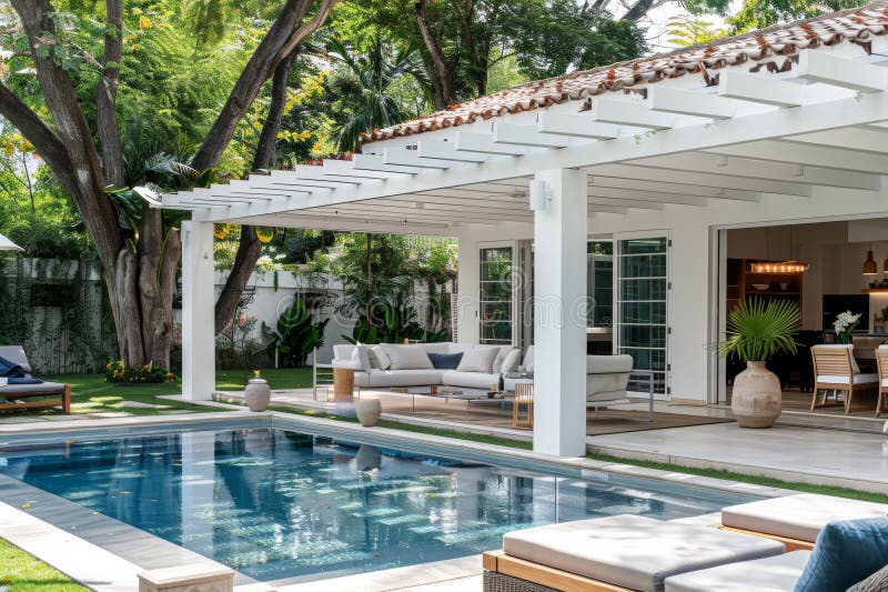 Luxurious Backyard with Pool and Lounge Area Under Pergola. Stock Photo ...