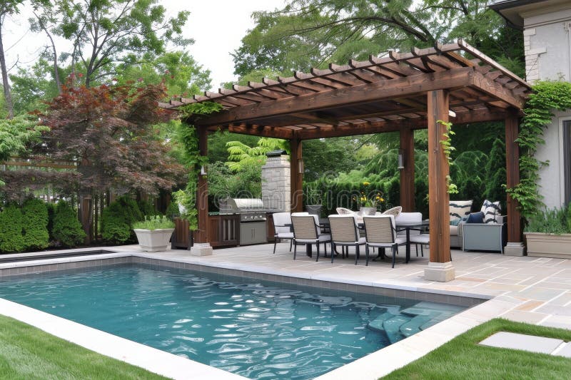 Luxurious Backyard with Pool and Lounge Area Under Pergola. Stock Image ...