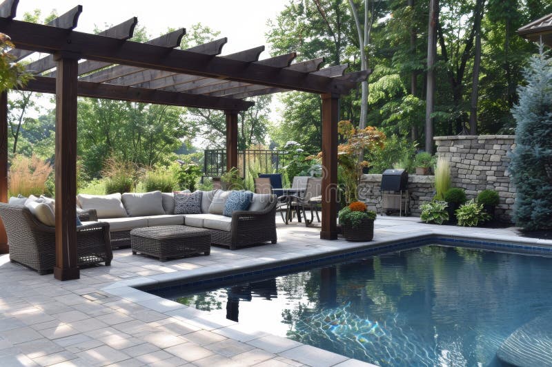 Luxurious Backyard with Pool and Lounge Area Under Pergola. Stock Photo ...