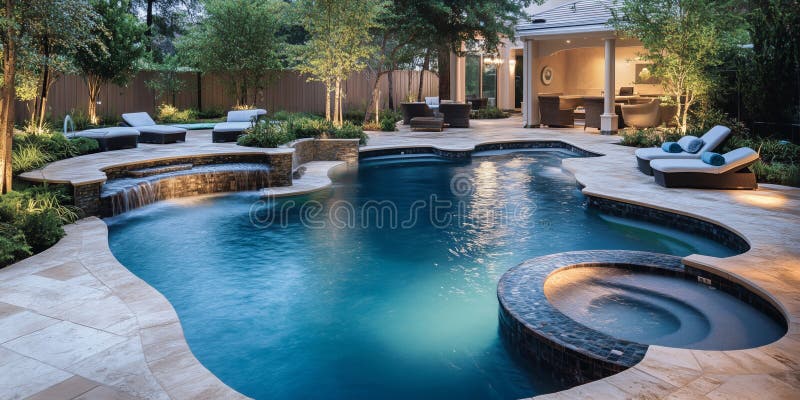 Luxurious Backyard Pool Oasis with Spa and Lounge Chairs at Dusk Stock ...