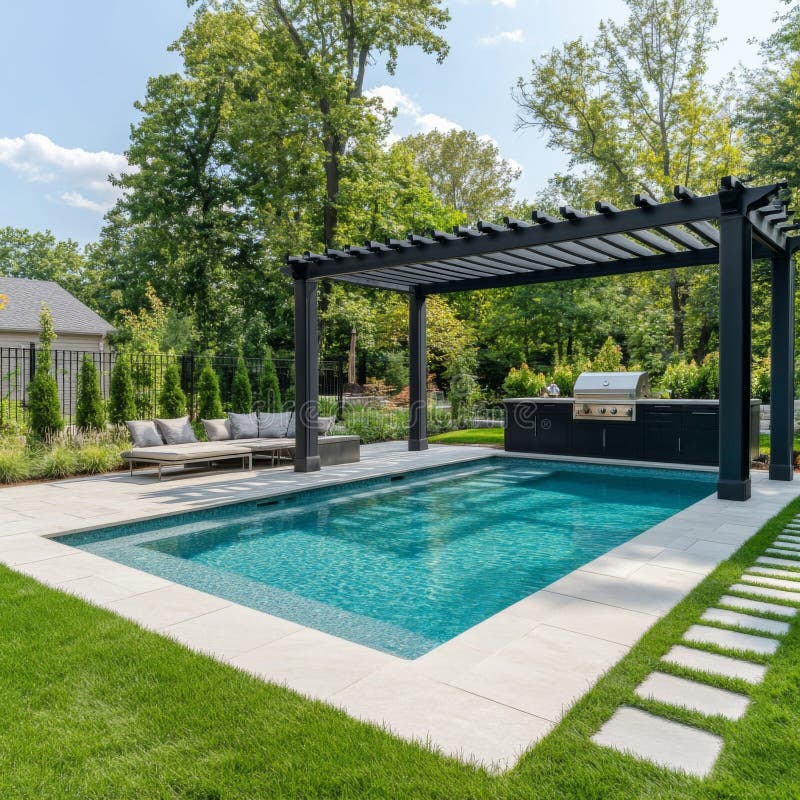 Luxurious Backyard Pool with Pergola and Outdoor Kitchen in Lush Garden ...