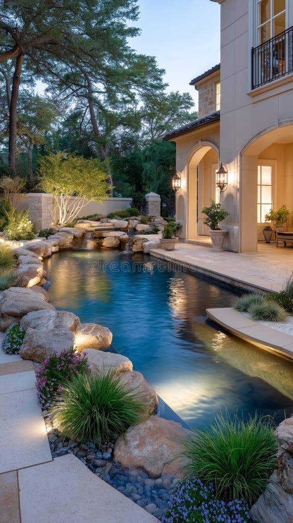 Luxurious Backyard Pool with Rock Features and Elegant Lighting at ...