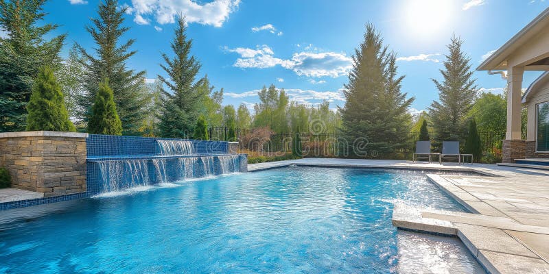 Luxurious Backyard Pool with Waterfall Feature Under Bright Sunlit Sky ...