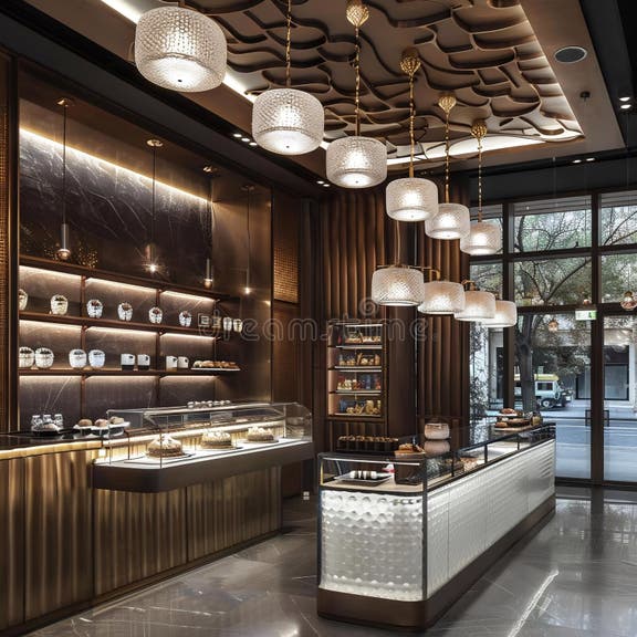 A Luxurious Bakery Interior Features a Textured Ceiling, Pendant Lights ...