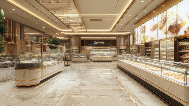 Luxurious Bakery Interior Featuring Well-lit Display Counters Filled ...