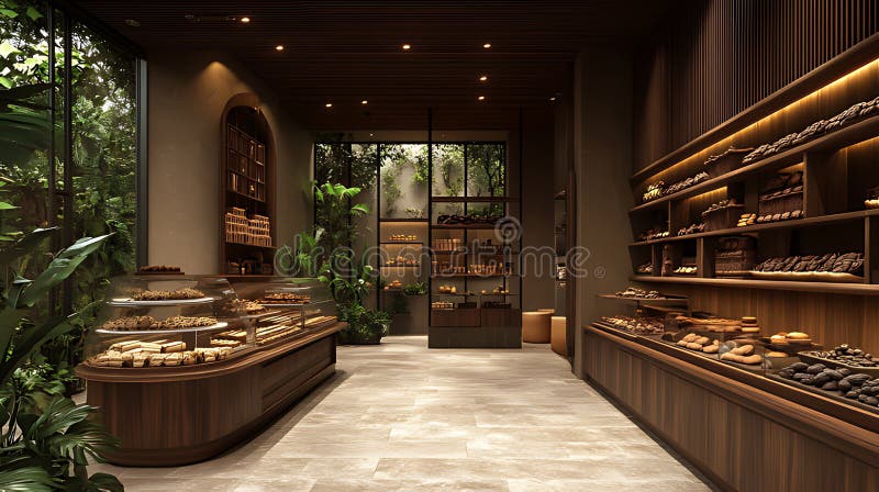 Luxurious Bakery Interior, Pastries Displayed, Tropical Garden View ...