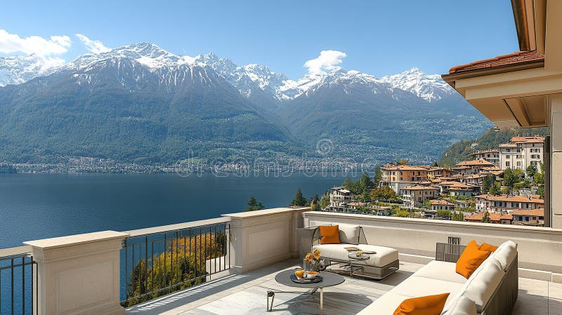 Luxurious Balcony Overlooking a Stunning Lake and Mountains Stock ...