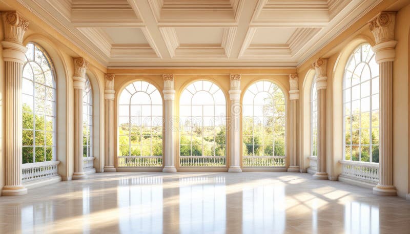 Luxurious Ballroom with Arched Windows Overlooking a Garden Stock Image ...
