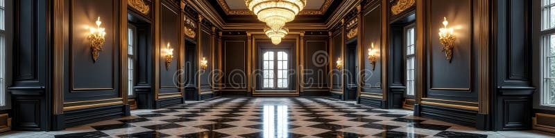 Luxurious Ballroom with Chandeliers and Checkered Marble Floor in ...