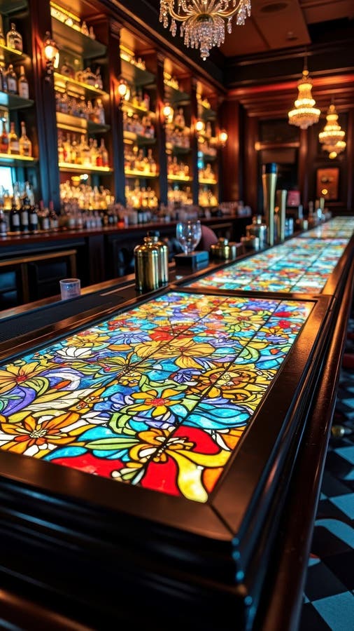 Luxurious Bar with Colorful Stained Glass Countertop and Elegant ...