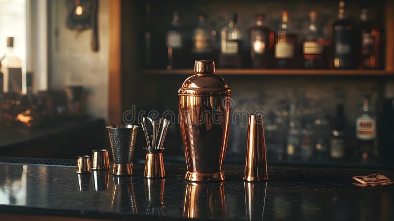 Luxurious Bar Setup with Copper Cocktail Shaker and Tools at Elegant ...