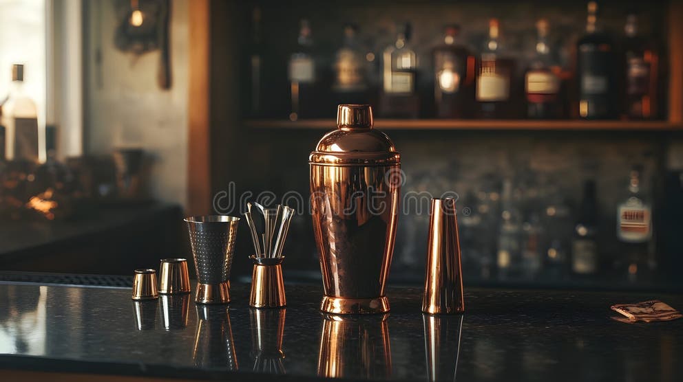 Luxurious Bar Setup with Copper Cocktail Shaker and Tools at Elegant ...