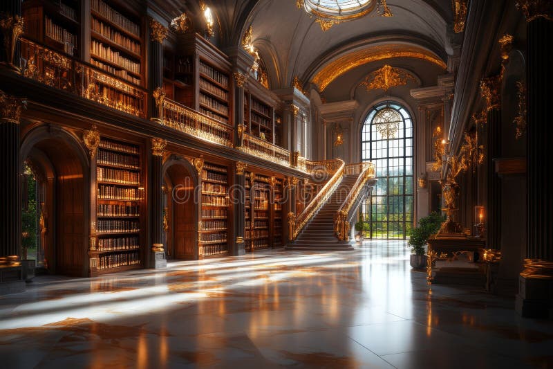 Luxurious Baroque Library Interior with Grand Staircase and Sunlit ...