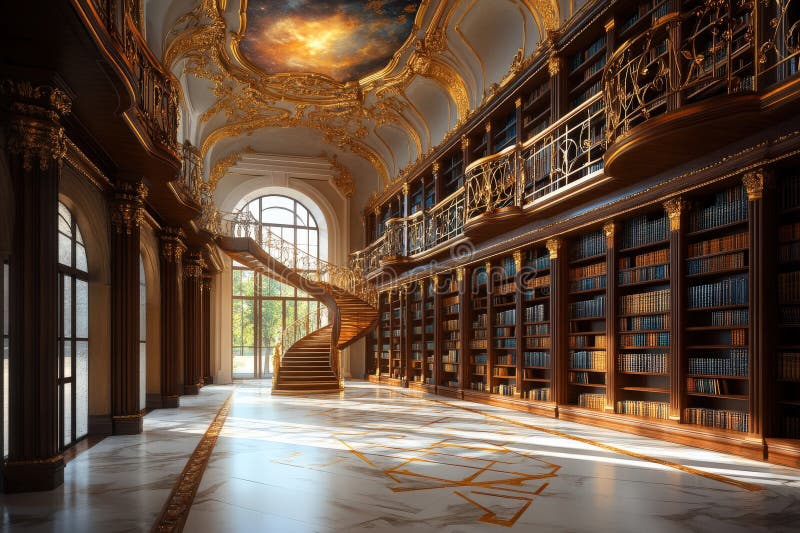Luxurious Baroque Library Interior with Ornate Staircase and Ceiling ...