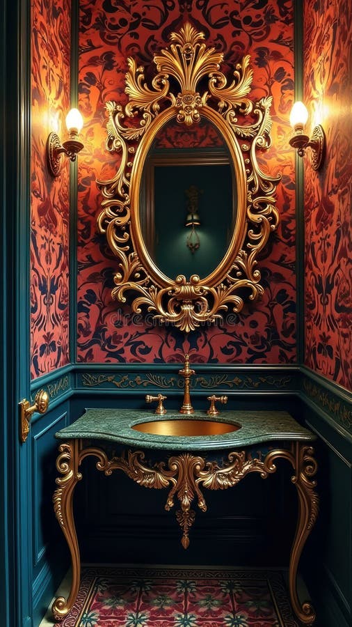 Luxurious Baroque Style Bathroom with Ornate Gold Mirror and Lavish ...