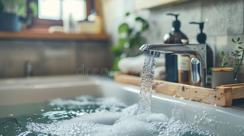 Luxurious Bath with Running Water and Bubbles Stock Image - Image of ...