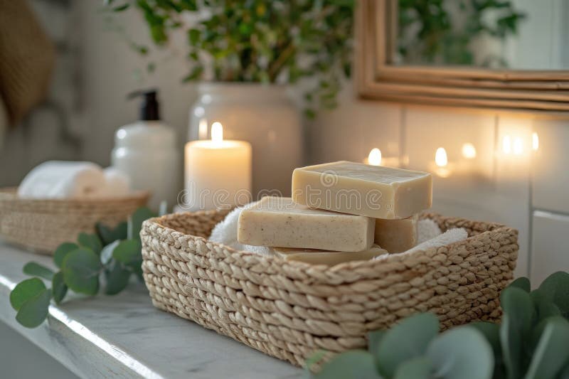 Luxurious Bath Setup, Artistically Stacked Handmade Soap Bars in a ...