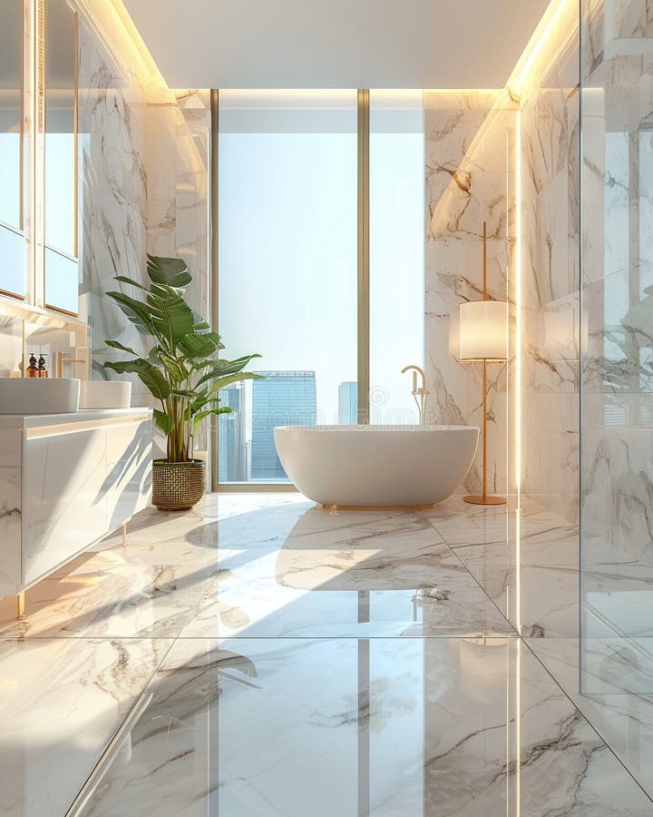 A Luxurious Bathroom with Bright, Spotless Tiles that Shine, the Air ...