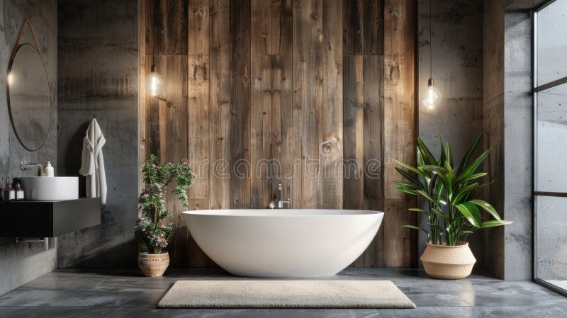 This Luxurious Bathroom Features a Wood Grain Feature Wall Adding an ...