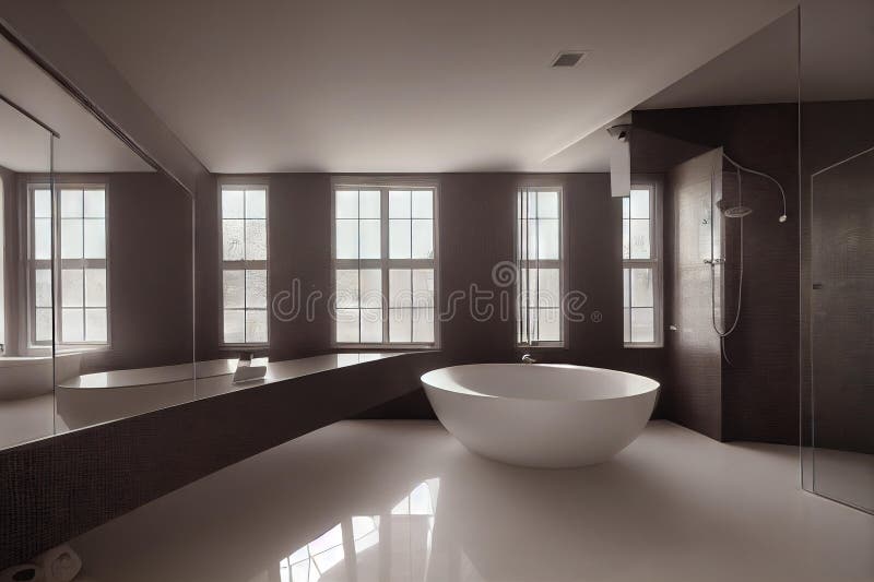 Luxurious Bathroom Interior with Round Bathtub and Washbasin and Large ...