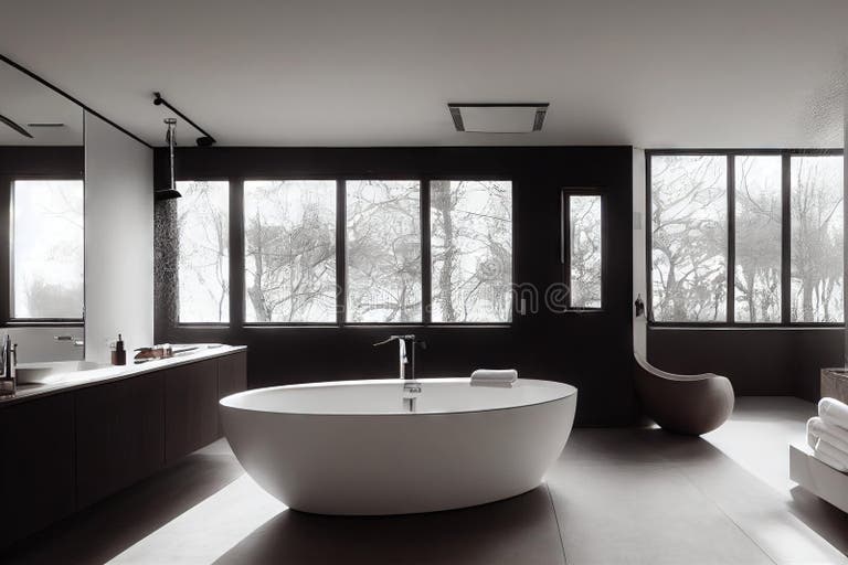 Luxurious Bathroom Interior with Windows and Large Round Bath in Middle ...