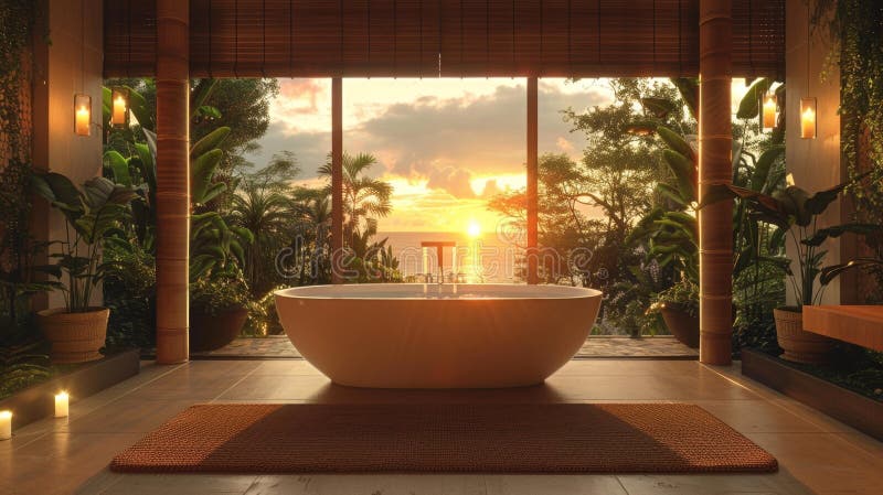 Luxurious Bathroom with Ocean View at Sunset - Generative Ai Stock ...