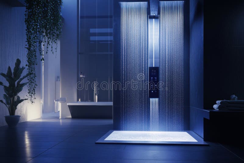 A Luxurious Bathroom Showcases a High-tech Smart Shower System with a ...