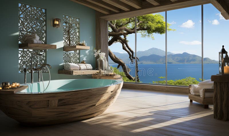 Luxurious Bathroom with Waterfront View Stock Image - Image of spacious ...
