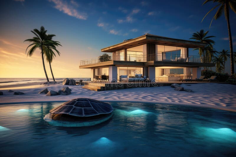 A Luxurious Beach House with a Pool, Surrounded by Palm Trees, Under a ...