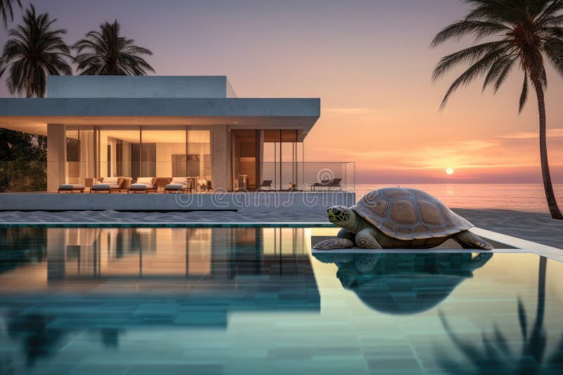 A Luxurious Beach House with a Pool, Surrounded by Palm Trees, Under a ...