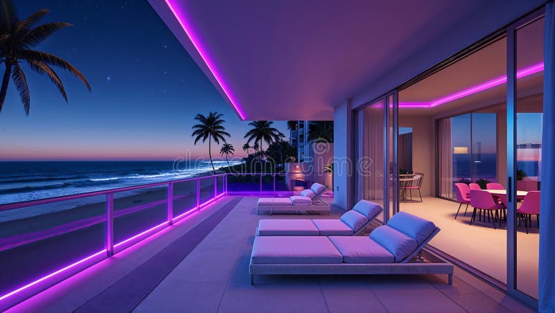 Luxurious Beachfront Apartment Balcony at Night with Ambient Lighting ...