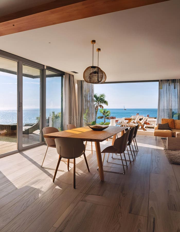 Luxurious Beachfront Dining Room with Panoramic Ocean View Stock ...
