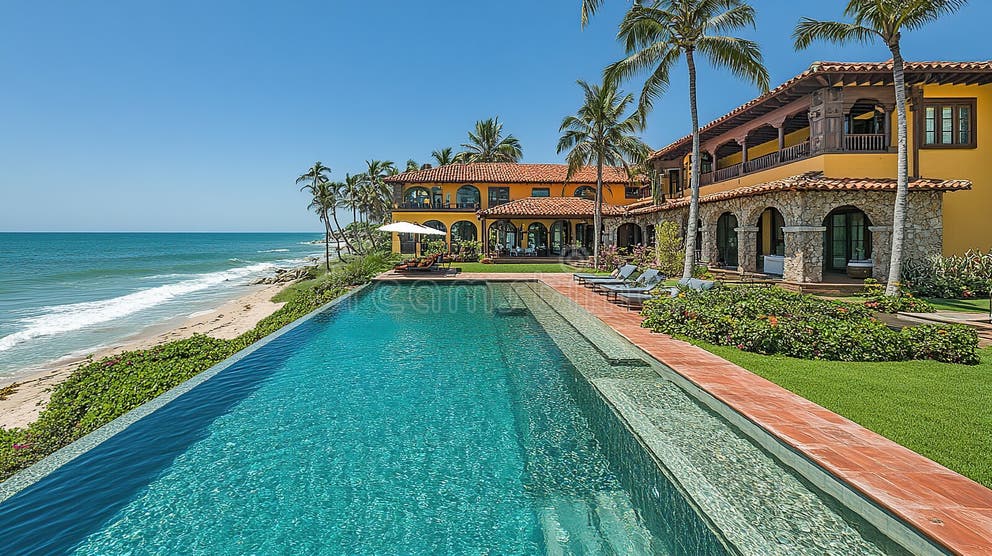 Luxurious Beachfront Estate with Infinity Pool Stock Photo - Image of ...