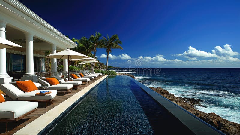Luxurious Beachfront Infinity Pool with Lounge Chairs and Ocean View ...