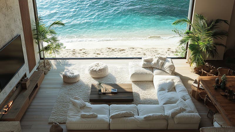 Luxurious Beachfront Living Room with Ocean View, White Sectional Sofa ...