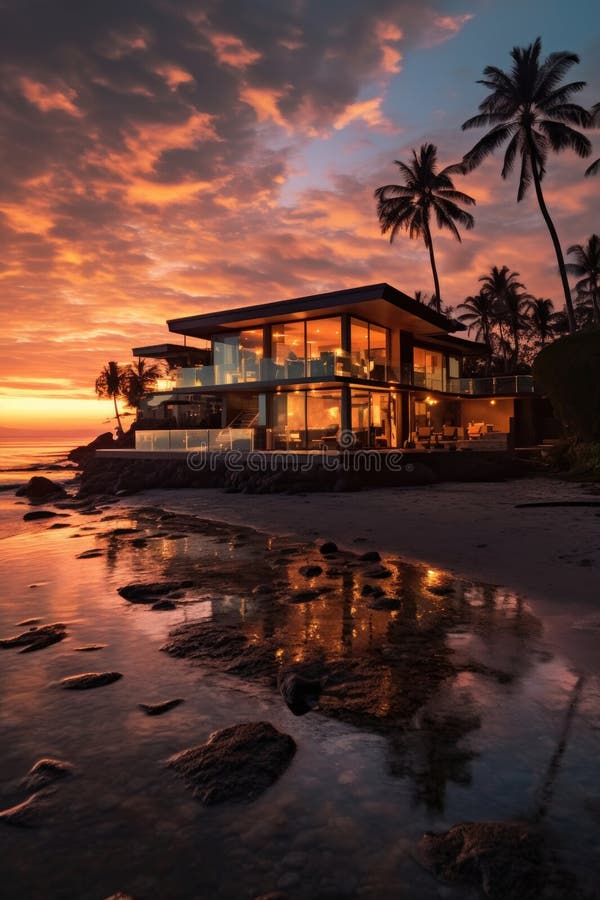 Luxurious Beachfront Property at Sunset Stock Illustration ...