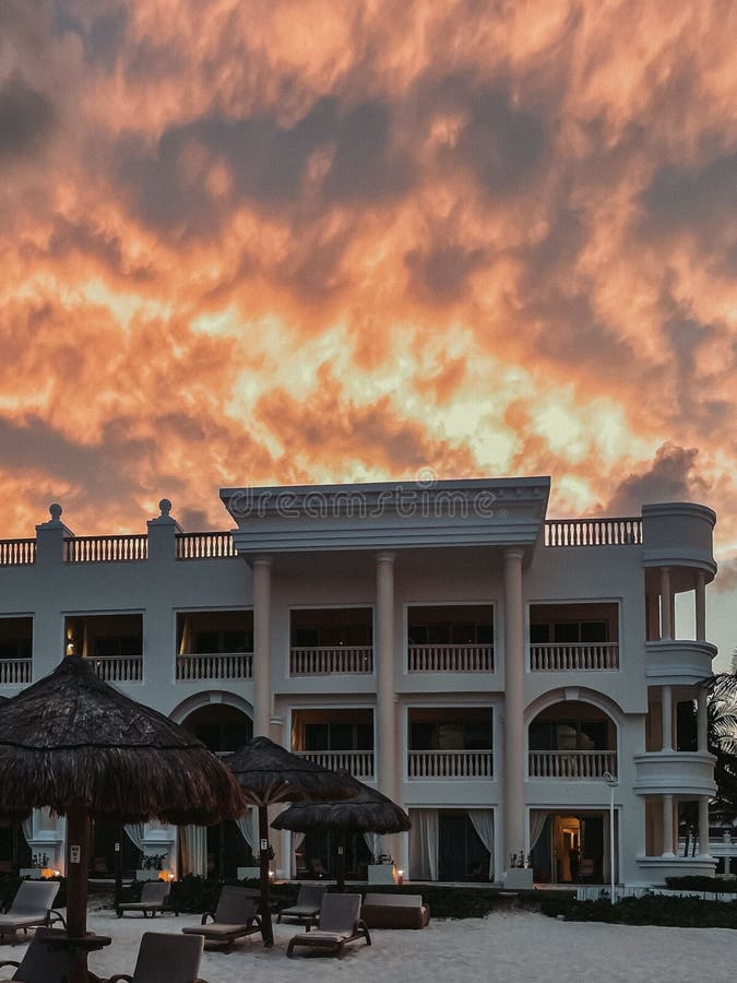 Luxurious Beachfront Resort at Sunset. Stock Image - Image of leisure ...