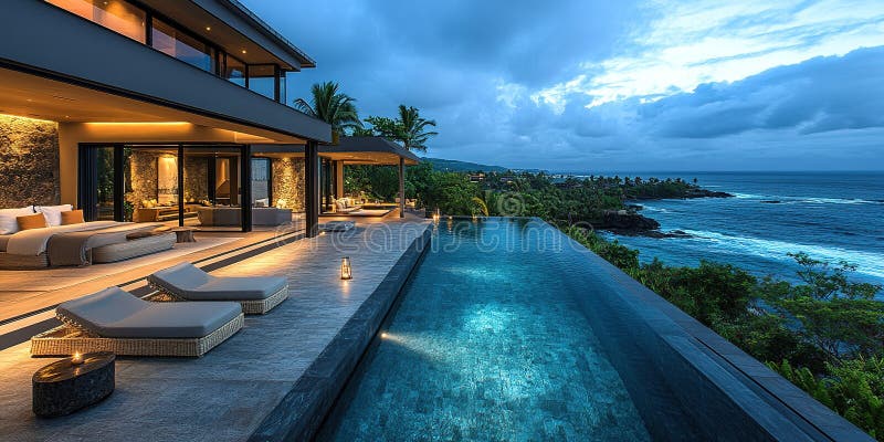Luxurious Beachfront Villa with Infinity Pool Under Twilight Sky in ...