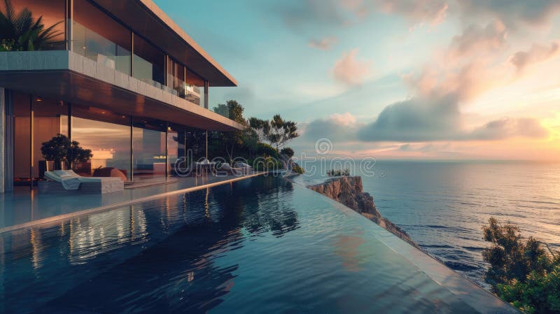 Luxurious Beachfront Villa at Sunset with Infinity Pool and Palm Trees ...