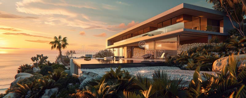 Luxurious Beachfront Villa at Sunset with Infinity Pool and Palm Trees ...