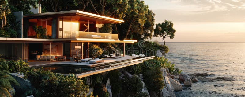 Luxurious Beachfront Villa at Sunset with Infinity Pool and Palm Trees ...