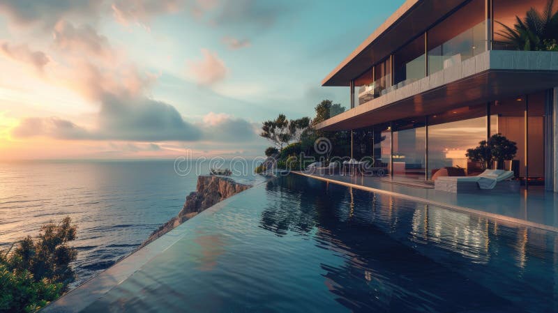Luxurious Beachfront Villa at Sunset with Infinity Pool and Palm Trees ...
