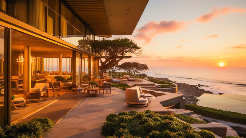 Luxurious Beachside Home with Open Patio at Sunset Stock Illustration ...