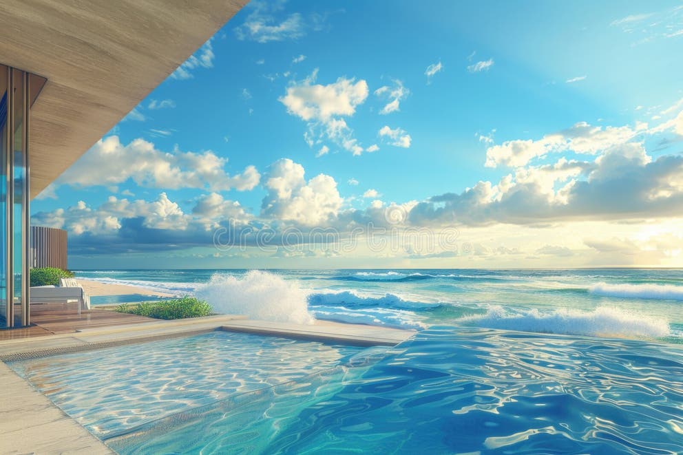 Luxurious Beachside Infinity Pool Overlooking a Serene Ocean at Sunset ...