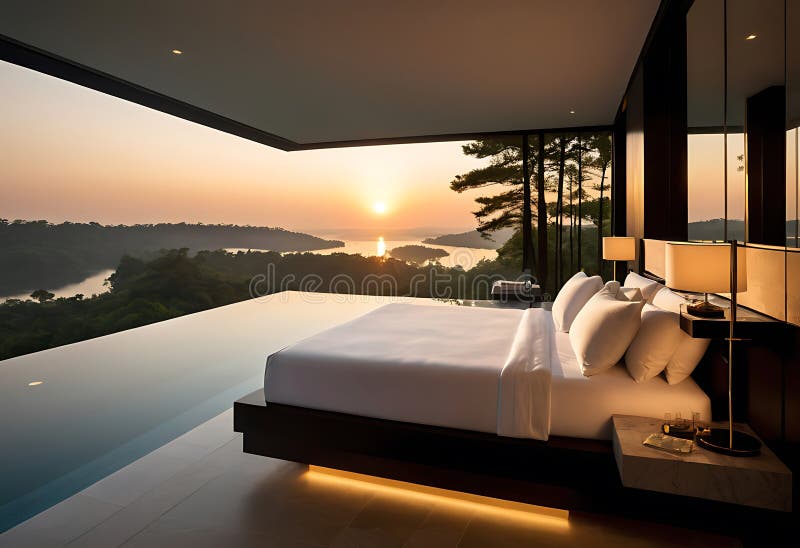 Luxurious Bed Over Pool with Panoramic Sunrise View. Generative Ai ...