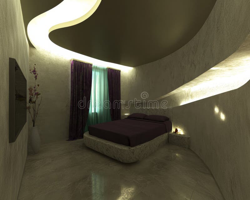 This Luxurious Bedroom Boasts a Curved Ceiling, Stone Wall, and a ...